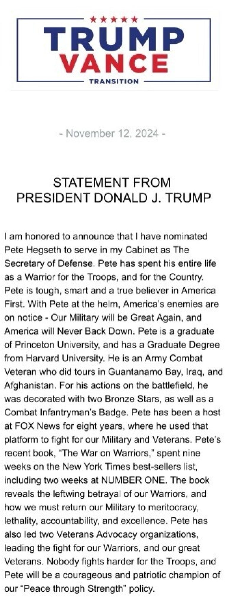 President-Elect Donald J. Trump Nominates Pete Hegseth as Secretary of ...