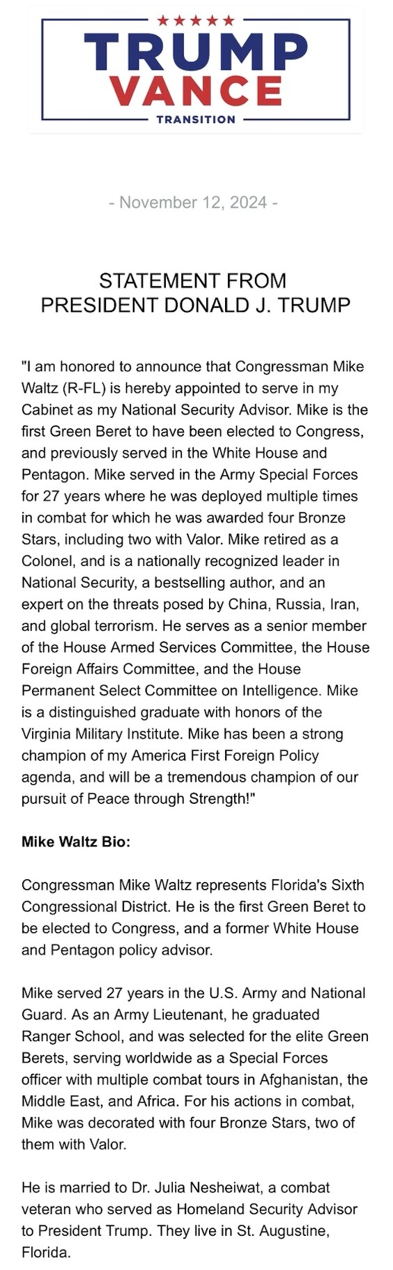 President-Elect Donald Trump Announces Congressman Mike Waltz as ...
